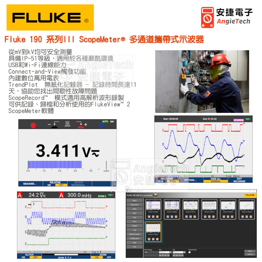 Fluke 190系列III FLUKE-190-202-III-S 多通道攜帶式示波器 | 熱影像儀 | 邏輯分析儀 | 電表 | 烙鐵 | 安捷電子
