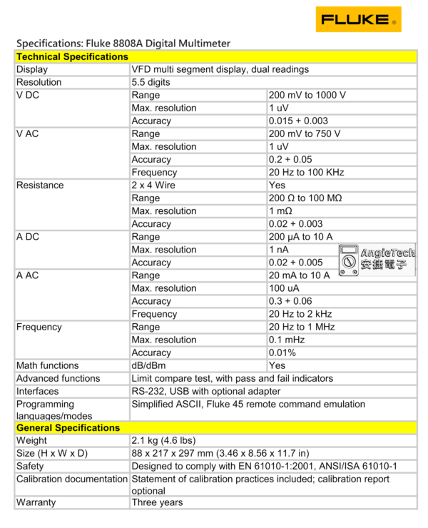 FLUKE 8808A / 5.5位桌上型電錶 | 熱影像儀 | 邏輯分析儀 | 電表 | 烙鐵 | 安捷電子