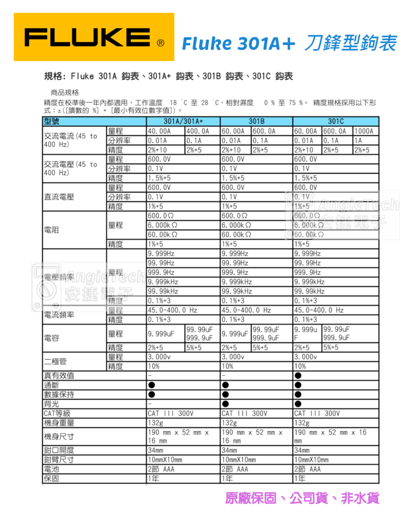 Fluke 301C 真有效值 刀鋒型鉤表 / 301C/APC | 熱影像儀 | 邏輯分析儀 | 電表 | 烙鐵 | 安捷電子